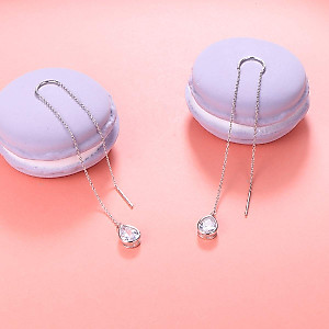 Threader Earrings 925 Sterling Silver Teardrop Earrings Droplet Jewelry Drop Dangle Long Charm Earrings for Women Birthday Gifts (Threader Earrings CZ)