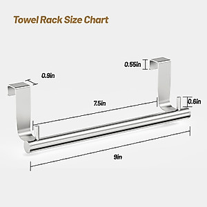 VEHHE Kitchen Towel Holder 2-Piece, 2 Hooks, EVA Foam Protective Mats, 9-Inch Stainless Steel Over The Door Towel Rack (Silver)