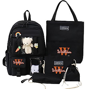 Sanley 5Pcs Personalized Name Kawaii Backpacks Set Custom Name Kawaii Backpack Cute Backpack Travel Backpack Casual Backpack(03-Black Backpack)