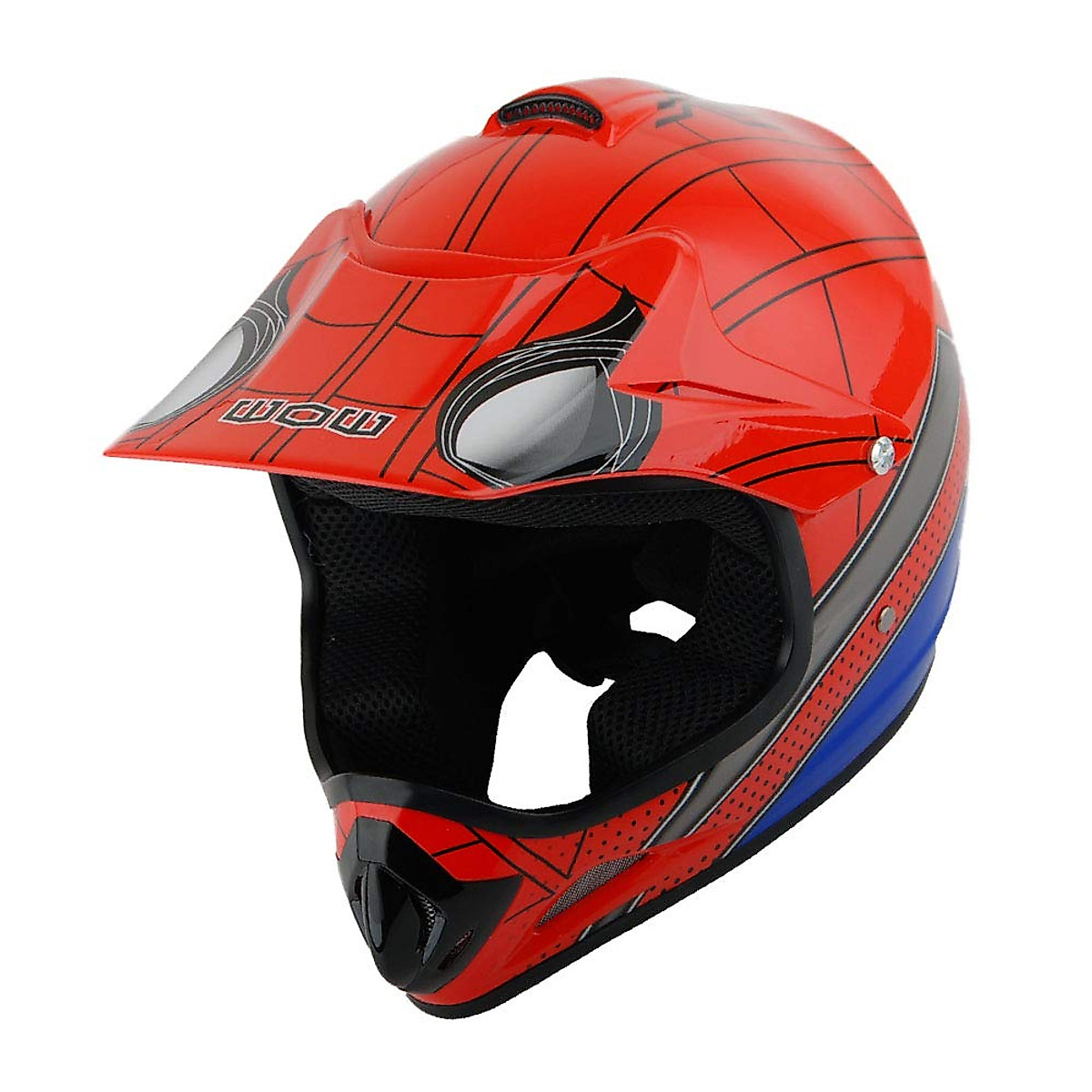 WOW Youth Kids Motocross Helmet BMX MX ATV Dirt Bike Helmet Spider Red + Goggles + MG Youth Red Glove Bundle