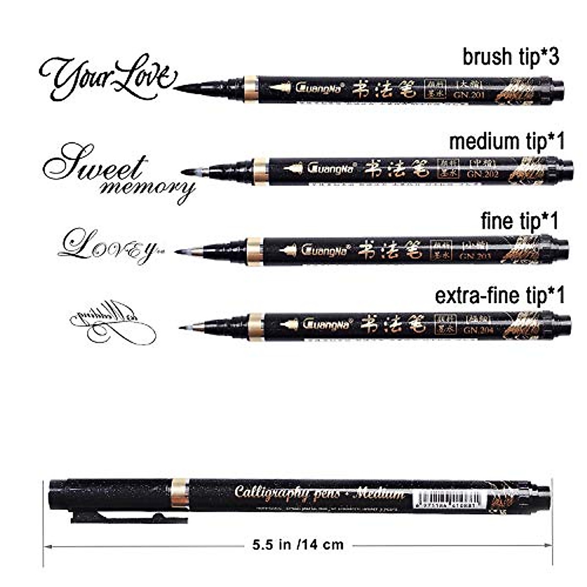 6 Pcs Calligraphy Pen, Hosung Refill Brush Marker Pens Black Hand Lettering Pens for Beginners Writing, Signature, Illustration, Design and Drawing, 4 Sizes