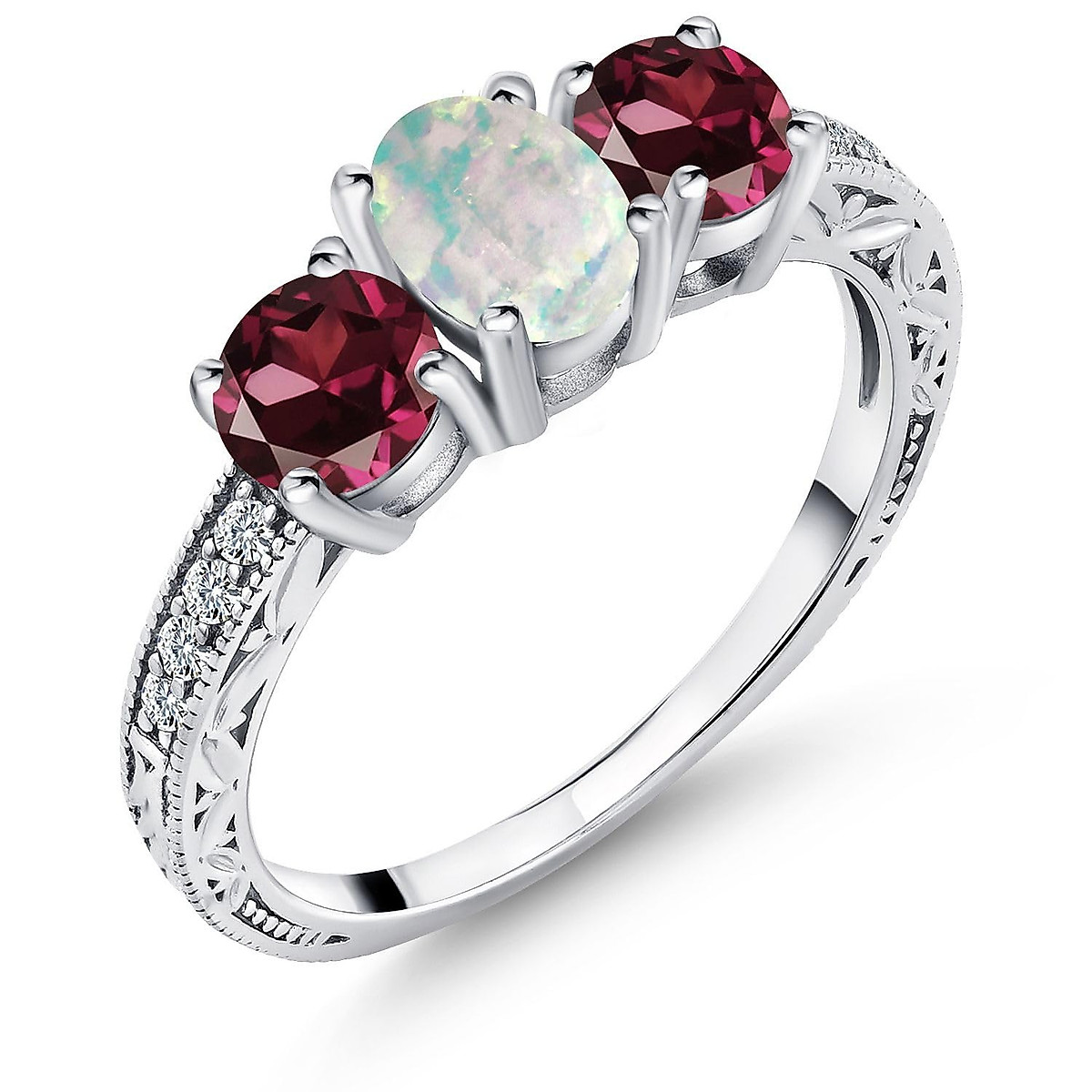 Gem Stone King 925 Sterling Silver Cabochon White Simulated Opal and Red Rhodolite Garnet Women's Ring (1.95 Cttw, Available In Size 5, 6, 7, 8, 9)