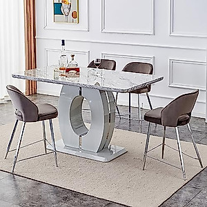 Pvillez 63" Marble Pub Table, Counter Height Pub Dining Table with Faux Marble Top and U-Shape MDF Base, Modern Office Computer Dinner Table for Kitchen Living Dining Room(No Chairs)