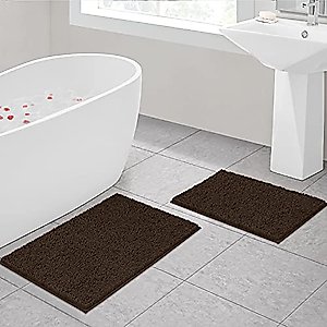 TREETONE Machine Washable Water Absorbent Bath Mat Bathroom Rugs Non Slip Soft Microfiber Mat，2 Piece Bathroom Rugs Set (Set of 2-Small 16" x 24" Medium 20" x 32", Chololate Brown)