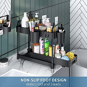 2 Pack Under Sink Organizers and Storage, 2 Tier Under Sliding Cabinet Basket Organizer with Hanging Cups,Hooks,Dividers,Handles,Multi-Purpose Storage Drawer Basket Organizer for Kitchen Bathroom