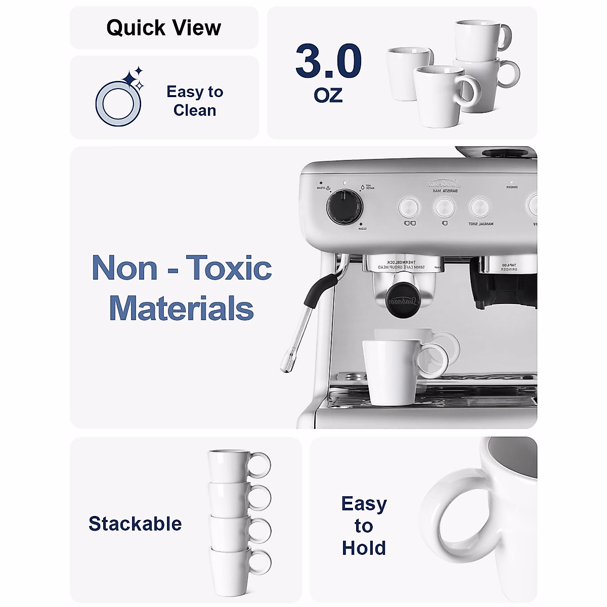 LE TAUCI 3 oz Espresso Cups, Ceramic Demitasse Cup, Mini Espresso Mugs for Home or Office, Stackable Expresso Shots Cup Perfect for Espresso Machine, Set of 4, White