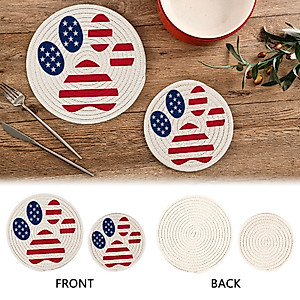 Kitchen Pot Holders Set 2 Pcs Cotton Thread Weave Trivets Set Stylish Coasters for Hot Dishes Pot Bowl Coffee Hot Pot Holders Dog Paws USA American Flag Filled