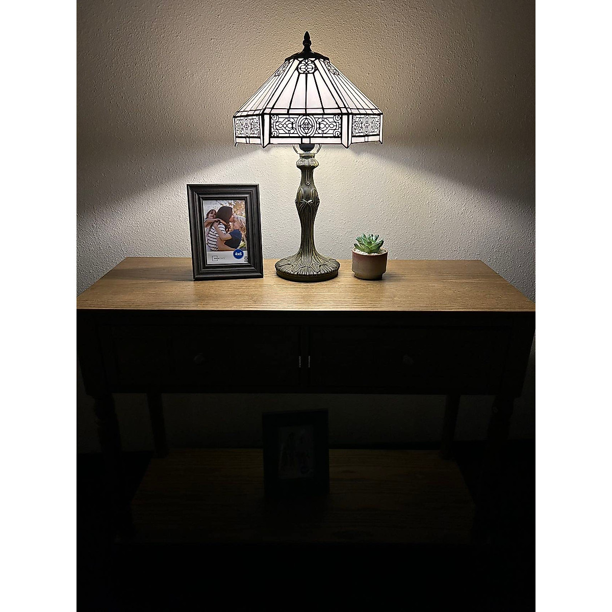 enjoy decor lamps Tiffany Table Lamp White Stained Glass Hexagon LED Bulb Included for Living Room Dining Room Bedroom Bedside 12'W*12" D*19" H