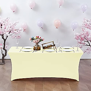 CWK 6FT Stretch Spandex Table Cover for Rectangular Fitted Folding Tables, Wrinkle Resistant, Elastic Stretchable Patio Tablecloth Protector for Party, Banquet, Wedding and Events (Beige)