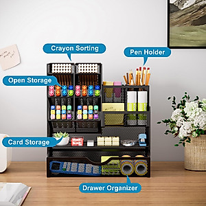 Marbrasse Mesh Pen Holder for Desk, Multi-Functional Pencil Organizer with Drawer, Desk Organizers and Accessories for Office Art Supplies (Black)