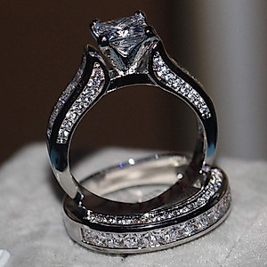 Luxury and Shining 2-in-1 Womens Vintage White Diamond Silver Engagement Wedding Band Ring Set