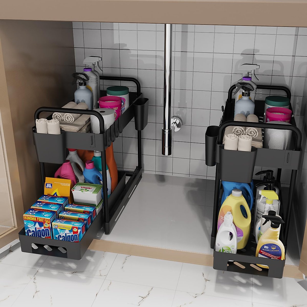 Botion 2 Pack Double-Layer Under Sink Organizer for Efficiently Utilizing Space, High Capacity and Space Saving, 2 Tier Sliding Under Sink Shelf with 4 Hooks and a Cup Slot(Black)