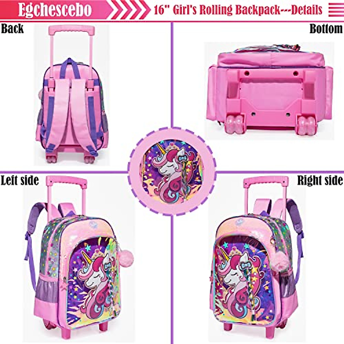 Egchescebo kids Rolling Kid Travel Toddler Duffle Bag Unicorn Backpack for Girls Carry on Luggage Roller Computer Suitcase with Pencil Case and Lunch Box Wheels Wheeled Braid Toy Backpacks Pink