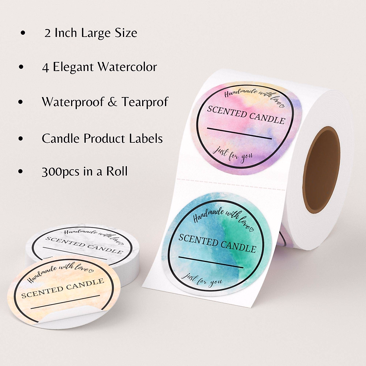 Mobiusea Creation Candle Label Roll | 2 Inch I 300pcs Waterproof Labels for Candle Making Supplies, Candle Tins, Candle Container, Candle Jars with lids, Candle Boxes Packaging