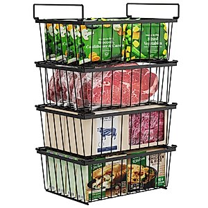 iSPECLE Freezer Organizer Bins - 4 Pack Stackable Chest Freezer Organizer for 5 Cu.FT Deep Freezer Sort Frozen Food, Deep Freezer Organizer Bins Easy to Get Food from Bottom Better Ventilation, Black