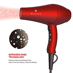 1875W Professional Ionic Hair Dryer, Salon Lightweight Blow Dryer, 2 Speed and 3 Heat Settings, Powerful Ceramic Fast Dryer with Diffuser, Concentrator and Comb (Red)