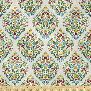 Lunarable Boho Fabric by The Yard, Ornamental Fresh Blossoms as Oval Shapes Floral Hippie Natural Composition, Microfiber Fabric for Arts and Crafts Textiles & Decor, 1 Yard, Green Beige