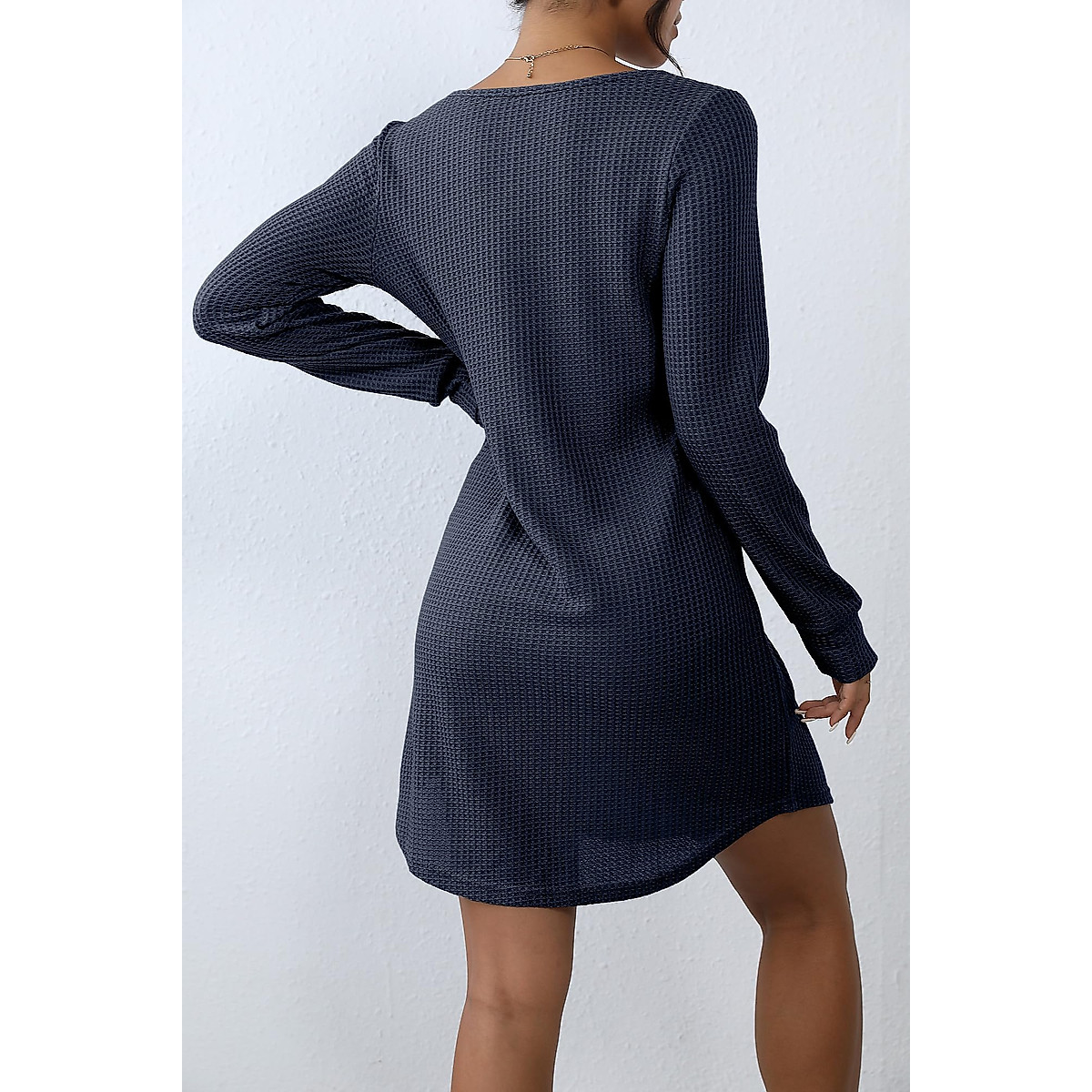 Ekouaer Womens Nightgown Waffle Knit Long Sleeve Nightgown Sleep shirts Night Dress for Women Navy Blue XXL