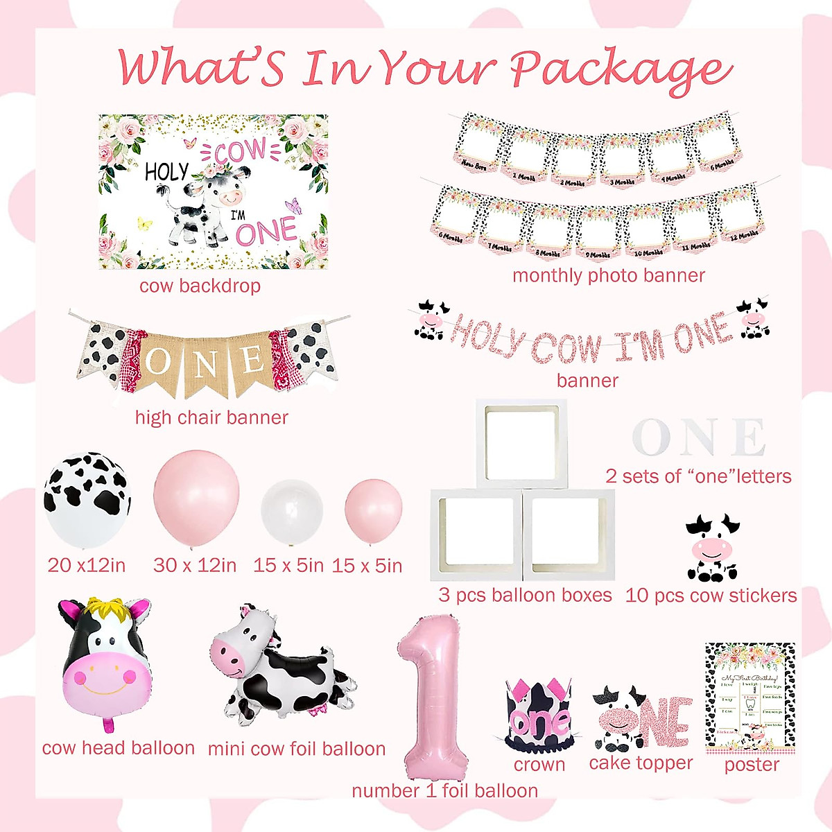 Fiesec Holy Cow I'm One Birthday Decorations, Cow First Birthday Party Supplies Girl, Cow Print 1st Decorations, 1st Birthday Girl Decorations