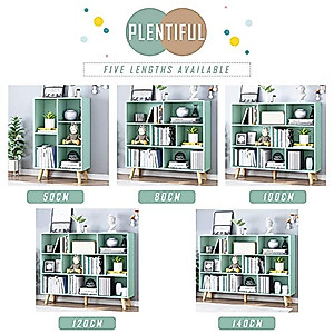 IOTXY Wooden Open Shelf Bookcase - 3-Tier Floorstanding Display Cabinet Rack with Legs, 5 Cubes Free Standing Bookshelf, Tiffany-Green
