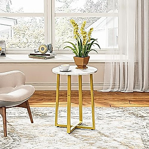 HOOBRO Round Side Table, Round Accent End Table with Sturdy X-Shaped Metal Frame, 15.7" Round Nightstand, for Living Room, Bedroom, Balcony, Office, Gold and Marble DM95BZ01