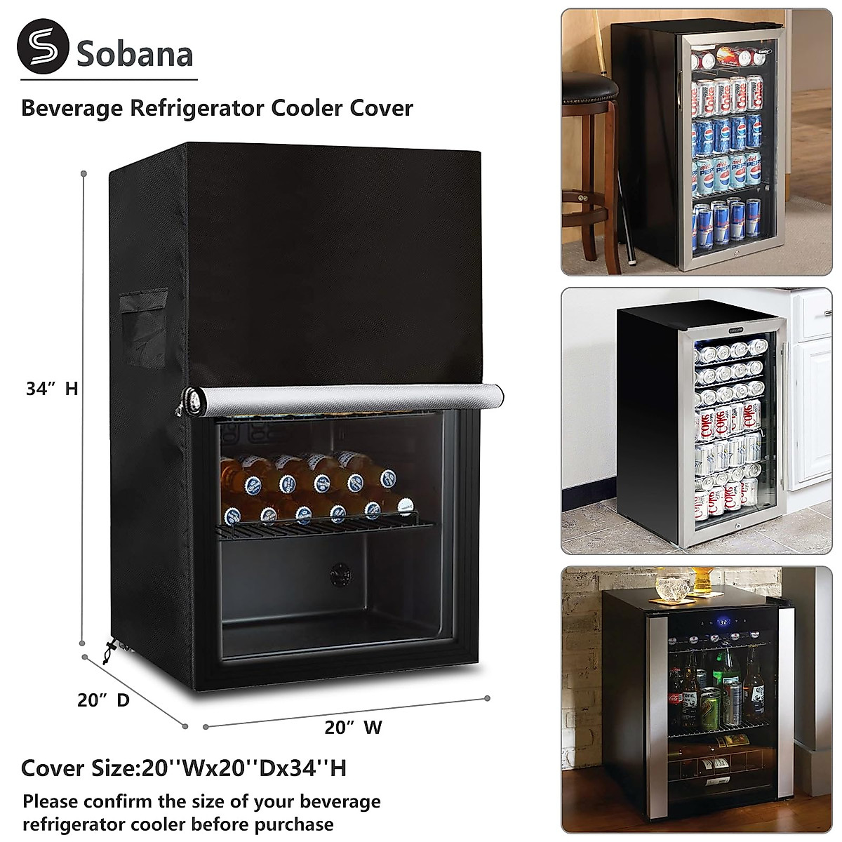 Sobana Beverage Refrigerator and Cooler Cover for most 3.2 Cu.ft Beer or Wine Mini Fridge,Waterproof Dust Proof Anti-UV Sides Zipper Can Be Opened(20" W x 20" D x 33" H,Black)