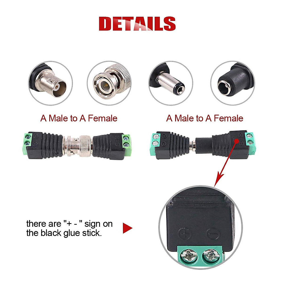 Hilitchi 40 Pcs (10 Pairs x Male + 10 Pairs x Female) 5.5mm x 2.1mm Female Male DC Power Connector, BNC Male Balun Connector for Led Strip CCTV Security Camera Cable Wire Ends Plug Barrel Adapter