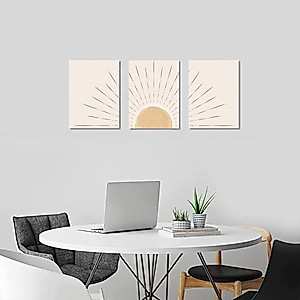 Boho Wall Art Set of 3, Framed Canvas Wall Art Yellow Sun Rising on the Horizon Geometric Nature Illustrations Line Art Wall, Mid-Century Modern Prints Boho Sun Wall Decor for Living Room, Bedroom, Bathroom, Office, 12"x16" Natural