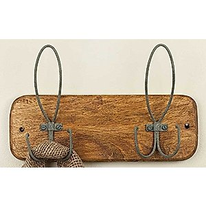 CTW 840059T Vintage Inspired Wall Mounted 2 Hook Rack Hanger for Entryway Mudroom Bathroom Bedroom Kitchen Coats Towels Garden Gloves Hats Caps Bags Purses Clothes Garments Wood Metal Brown and Gray