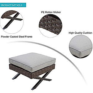 LOKATSE HOME Patio Wicker Ottoman Outdoor Bistro Furniture X-Shaped All-Weather Slatted Steel Leg Rattan Footstool with Cushion, Gray