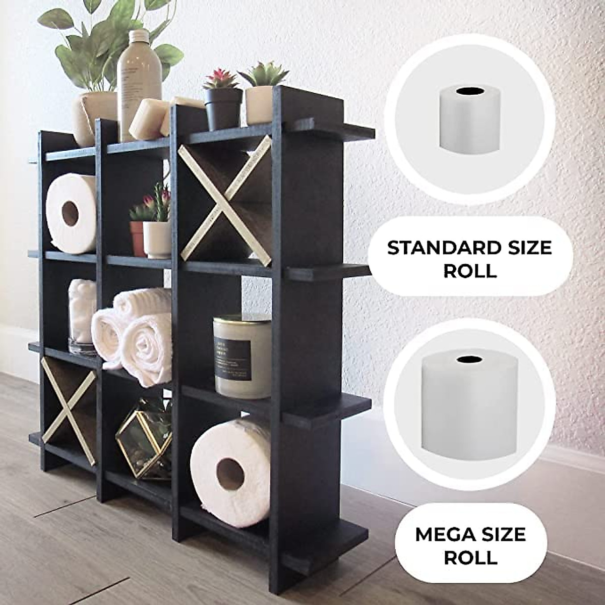 Large Black Tic Tac Toe Toilet Paper Holder Stand | Design Freestanding Bathroom Tissue Roll Storage Organizer | Wooden Bathroom Organizer | Over The Toilet Bathroom Storage Cabinet Wall Mounted