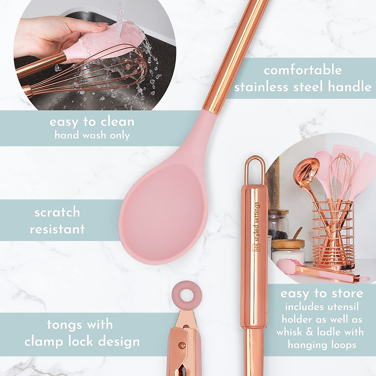 Copper and Pink Kitchen Utensils Set - 17-Piece Silicone Cooking Tools with Copper Utensil Holder and Pink Measuring Cups and Spoons for Baking and Everyday Cooking - Stylish Kitchen Accessories