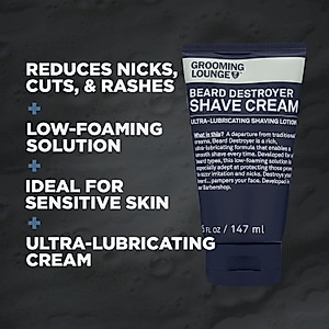 Grooming Lounge Beard Destroyer Shave Cream for Men - Bump, Irritation & Razor Burn Free Shaving Cream Sensitive Skin, Men Beard Care - Soft, Smooth, Easy Glide Low Shaving Foam Lather Formula - 5 Oz