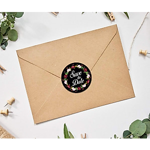 Darling Souvenir 45 Pcs Floral Wreath Black Round Save The Date Stickers Envelope Seals-1.6 Inches