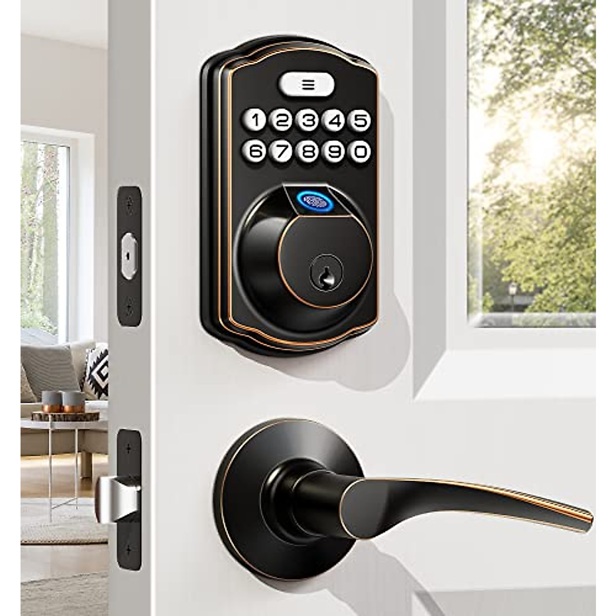 Veise Fingerprint Door Lock with 2 Lever Handles - Keyless Entry Door Lock, Electronic Keypad Deadbolt & Front Door Lock Handle Sets, Auto Lock & 1 Touch Locking, Easy Installation, Oil Rubbed Bronze