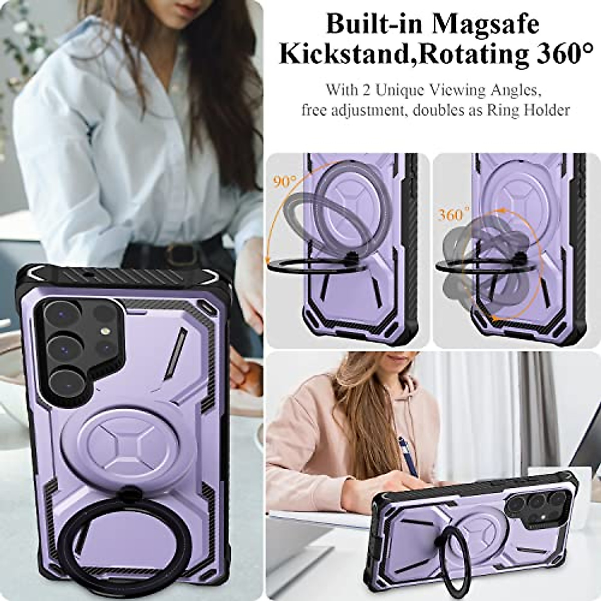 MMHUO 360°Rotatable Magnetic Ring for Samsung Galaxy S23 Ultra Case with Invisible Stand,[Compatible with MagSafe] Military Grade Drop Tested Heavy Duty Protective Case for Men Women,Light Purple