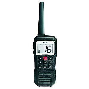 Uniden Atlantis 155 Handheld Two-Way VHF Marine Radio, Floating IPX8 Submersible Waterproof, Dual-Color Screen, All USA/International/Canadian Marine Channels, NOAA Weather Alert, 10 Hour Battery