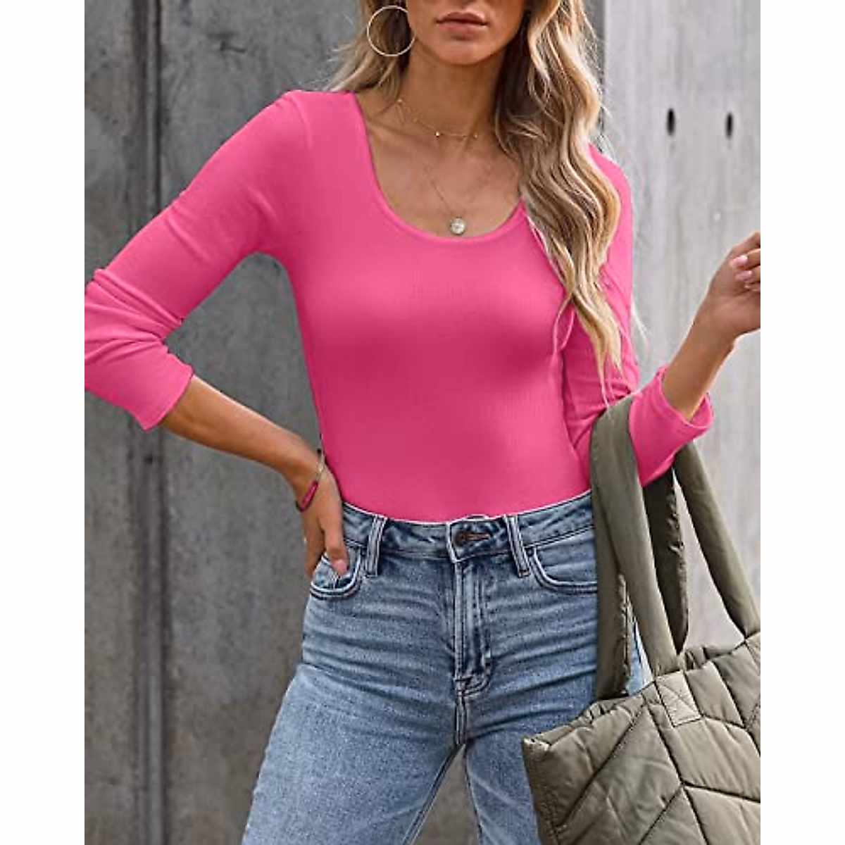 VICHYIE Fall Women's Square Neck Long Sleeve Shirts Scoop Ribbed Henley Tee Slim Fitted Casual Basic Tshirts Top Blouses Hot Pink L