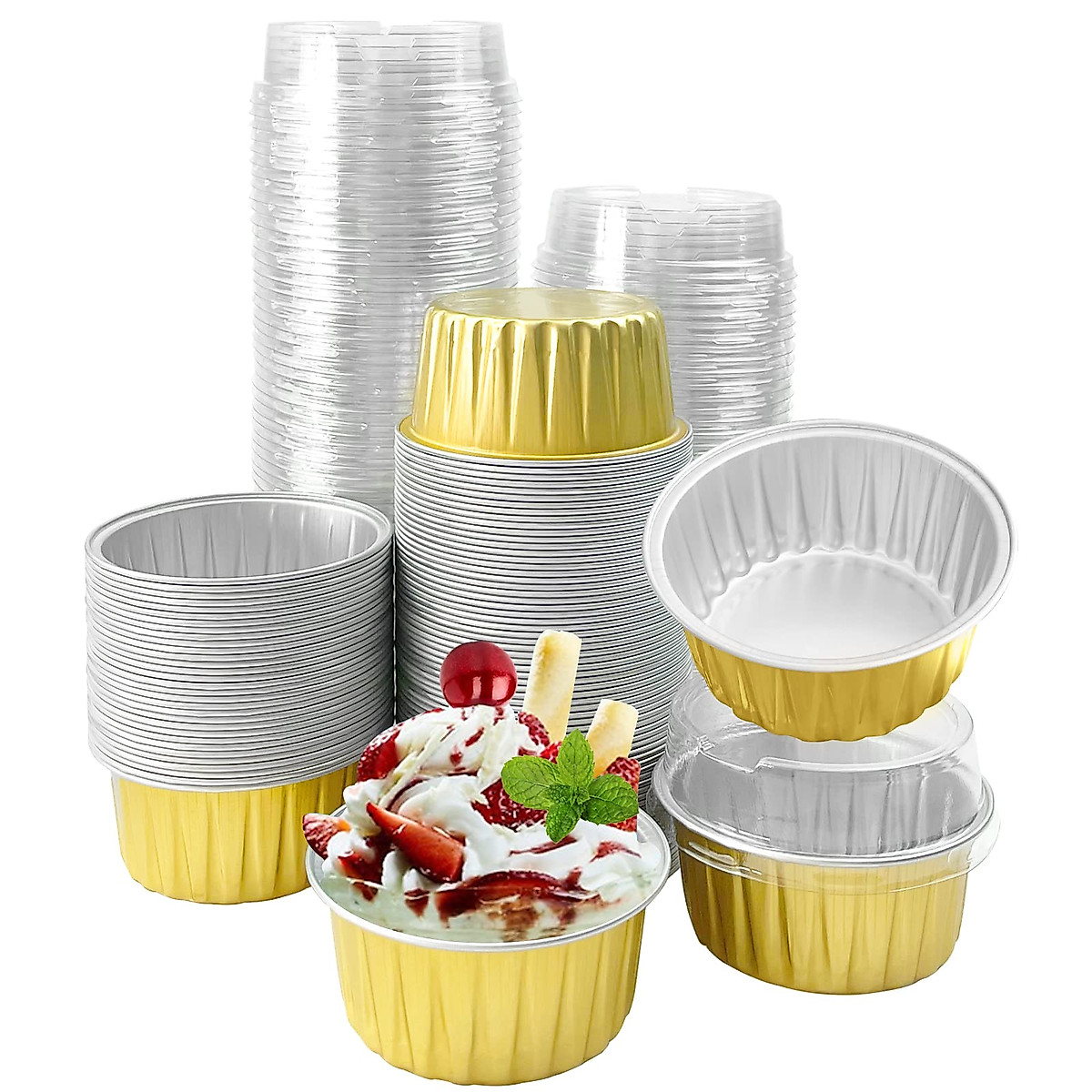 100Pcs Aluminum Cups with Lids,5oz Disposable Ramekin Baking Cups Muffin Liners Mini Pie Pans Foil Cupcake Containers for Christmas Party Wedding Party,Gold