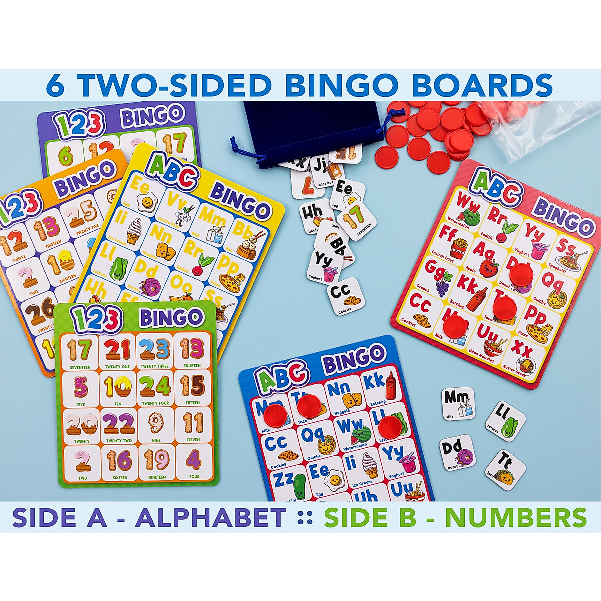 Party Hearty Alphabet and Number, ABC and 123 Bingo Board Game for Kindergarten and Preschool Kids Learn to Read Fun 2 Versions for Ages 4 and Up (Food Edition)