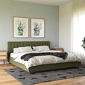 Novogratz Brittany Upholstered Platform Bed Frame, Green Linen, King