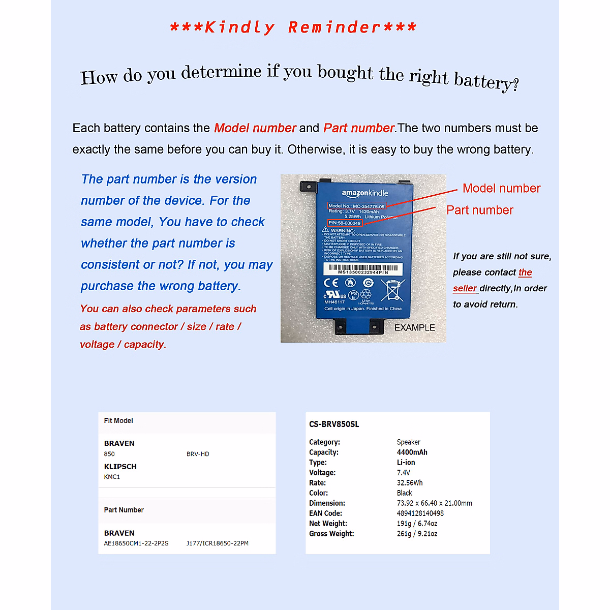 XPS Replacement Battery for Braven 850, BRV-HD Part NO AE18650CM1-22-2P2S, J177/ICR18650-22PM