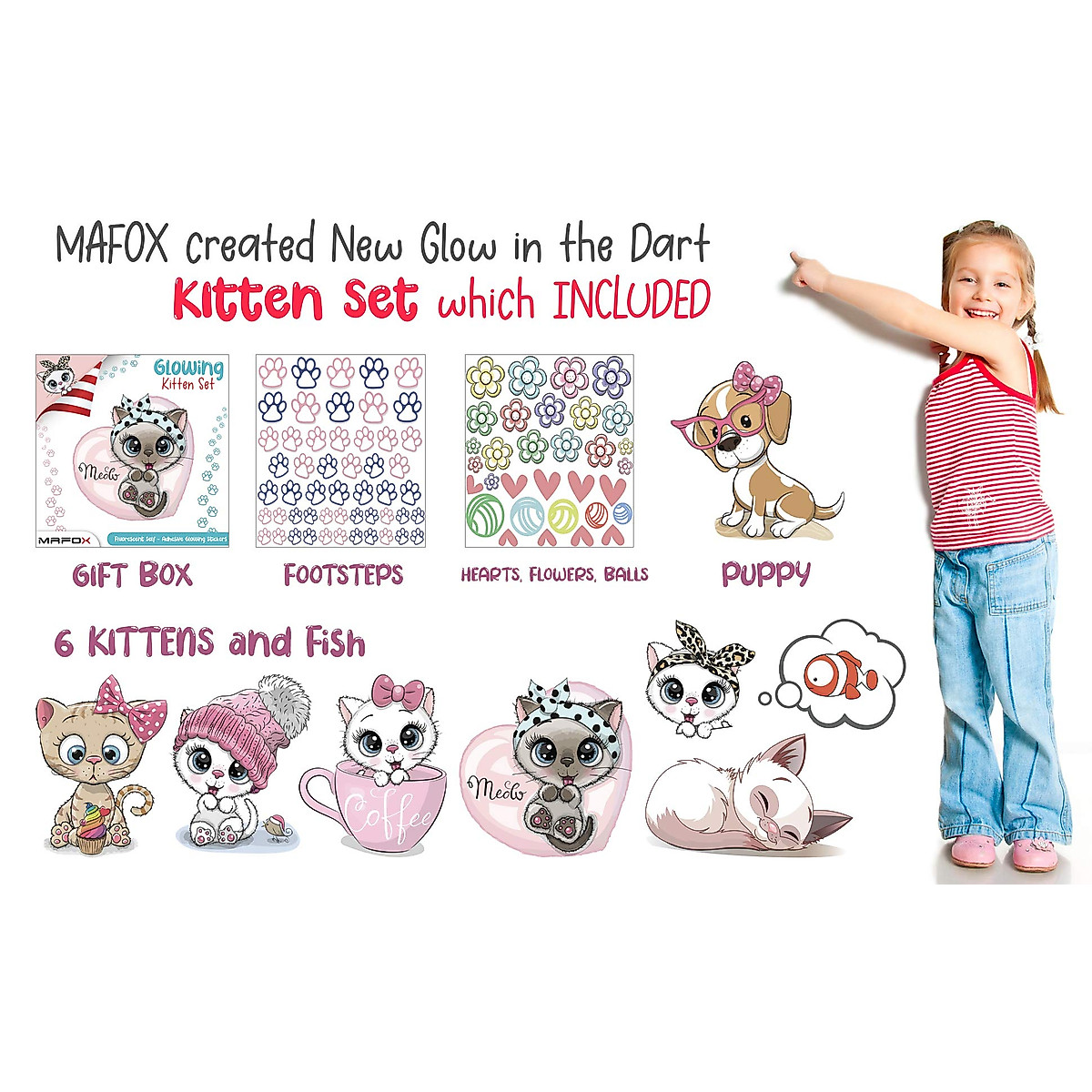 Glow in The Dark Cat Stickers with Dog and Fish, Wall Decals Sticker for Kids Bedding Room, Great for Birthday Gift Glowing Cat for Girls and Boys