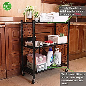 HFHOME 3 Tier Freestanding Metal Storage Rack Foldable Rack, Perforated Sheet Layer Storage Shelving Unit with Wheels for Kitchen Garage Collapsible Heavy Duty Organizer Shelves, Black