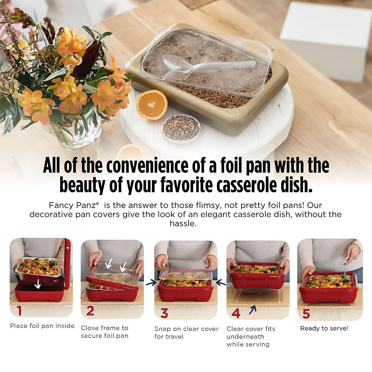 Fancy Panz, Serving Tray for Food, Made in the USA Foil Pan Carrier, Stackable Aluminum Pan Holders, 9x13x2 Cake Pan Travel Casserole Carrier With 1 Disposable Foil Pan & Serving Spoon, Marble