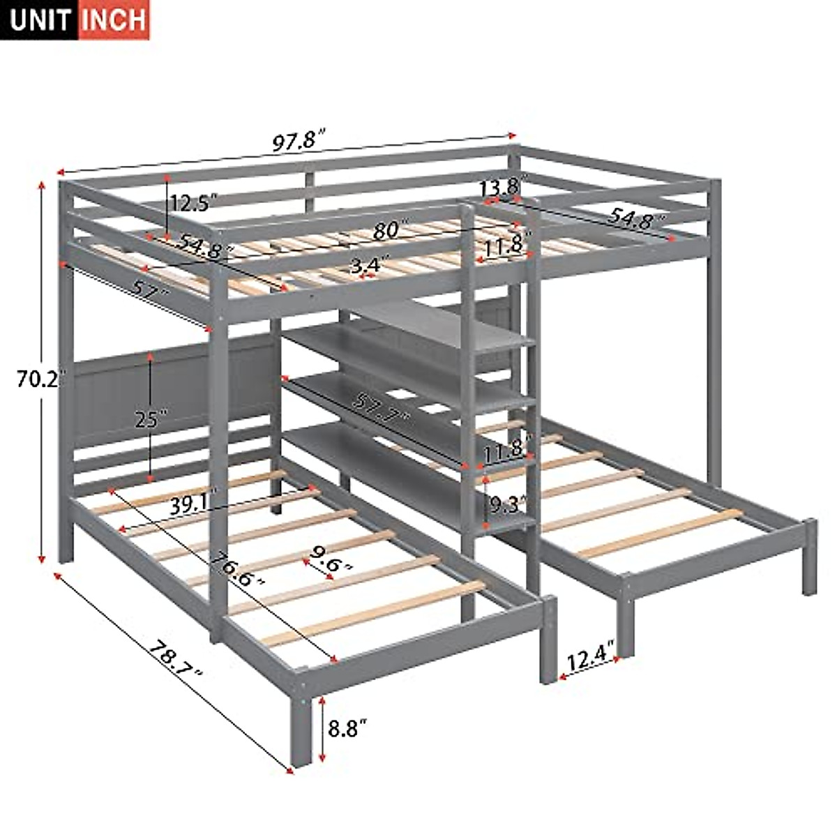 BOVZA Modern Triple Bunk Bed Frame, Twin XL Over Twin&Twin Wooden Bunk Bed with Built-in 4 Shelves and Ladder, Saving Space, Gray