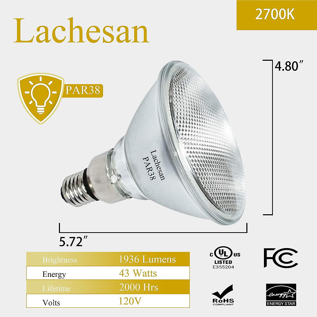 Lachesan PAR38 Halogen Flood Light Bulbs 2 Pcs, 90W Equivalent, 120V, E26 Base, 2700K Warm White Light for Indoor and Outdoor