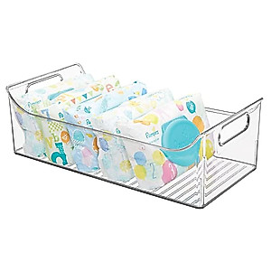 mDesign Portable Nursery Storage Plastic Baby Organizer Storage Caddy Bin w/Handles for Kids/Child Essentials - Holds Diapers, Wipes, Bottles, Baby Food, Snacks - 16" Long - Ligne Collection - Clear