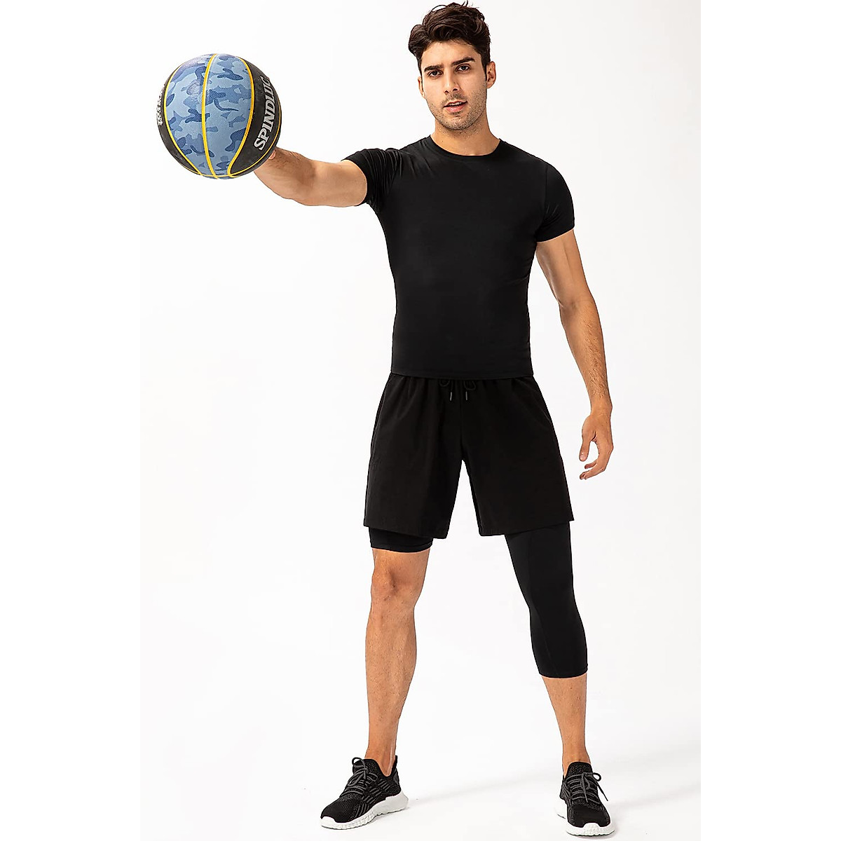 Yueralian Men's 3/4 One Leg Compression Capri Tights Pants Basketball Athletic Running Sport Single Leg Base Layer 1-2 Pack