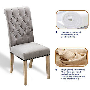 Restworld Fabric Dining Chairs Set of 2,Tufted Upholstered High Back Nailed Trim with Untique Oak Wood Legs for Kitchen Restaurant Room